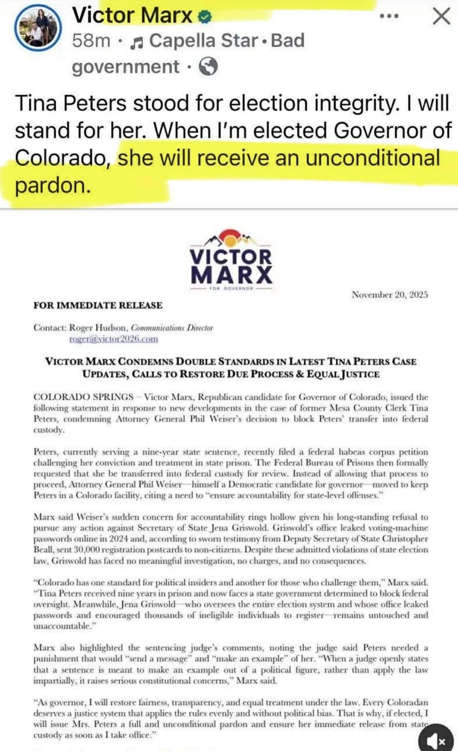 Victor Marx Does Not Support Tina Peters
